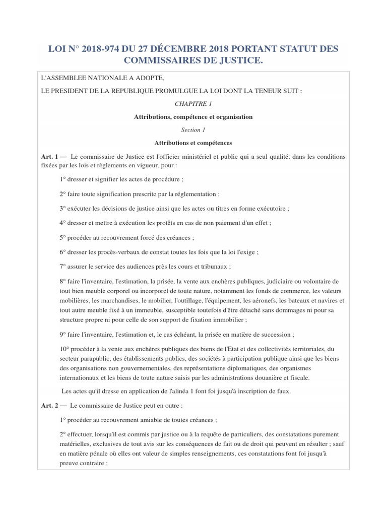 Loi Portant Statut Des Commissaires de Justice | PDF | Loi | Justice