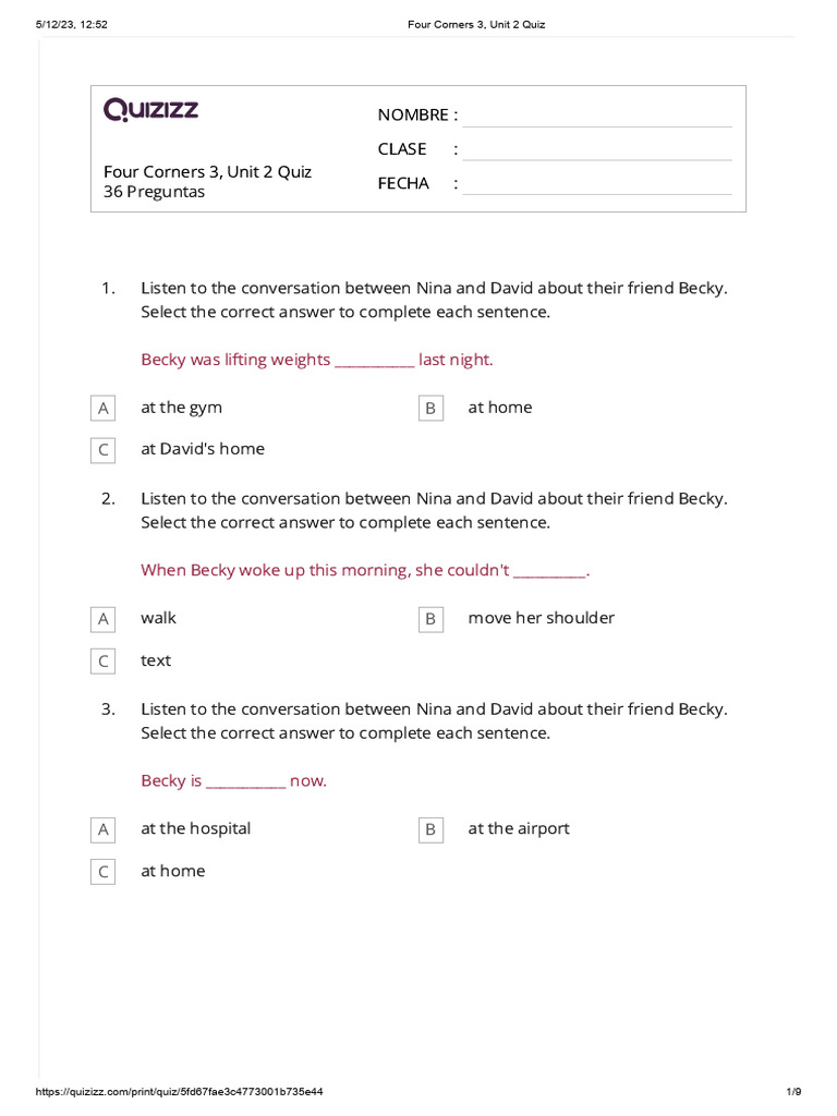 Four Corners 3, Unit 2 Quiz | PDF | Sentence (Linguistics) | Syntax