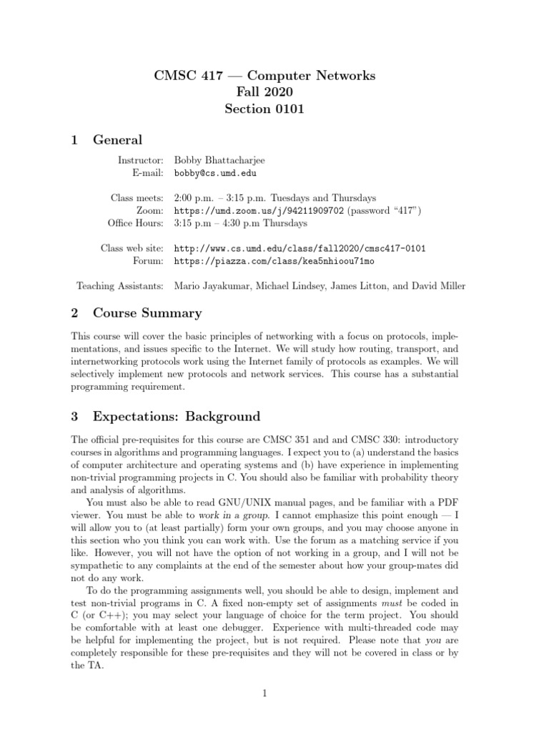 CMSC 417 - Computer Networks Fall 2020 Section 0101 1 General | PDF