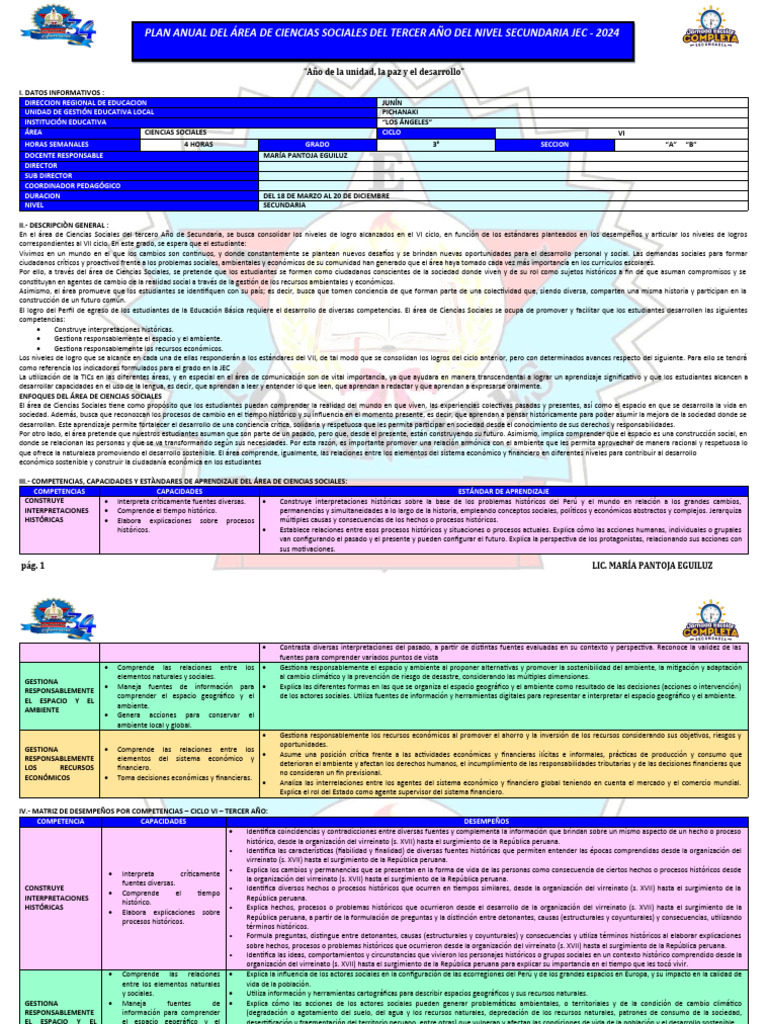 3°plan Anual y Unidad-Ccss-Pantoja-2024 | PDF | Aprendizaje | Sustentabilidad