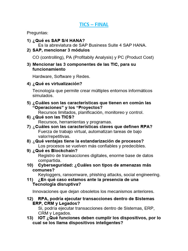 Guia de Preguntas - Final TICS | PDF | Computación en la nube | Internet de las Cosas