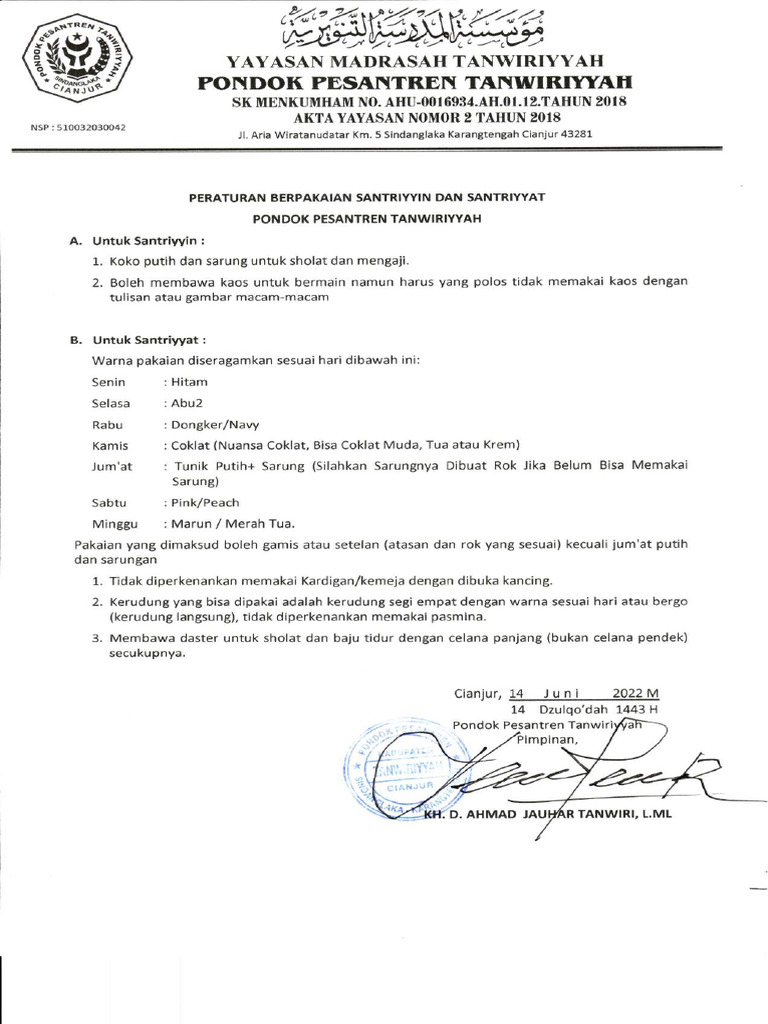 Aturan Berpakaian Santri Tanwiriyyah. | PDF