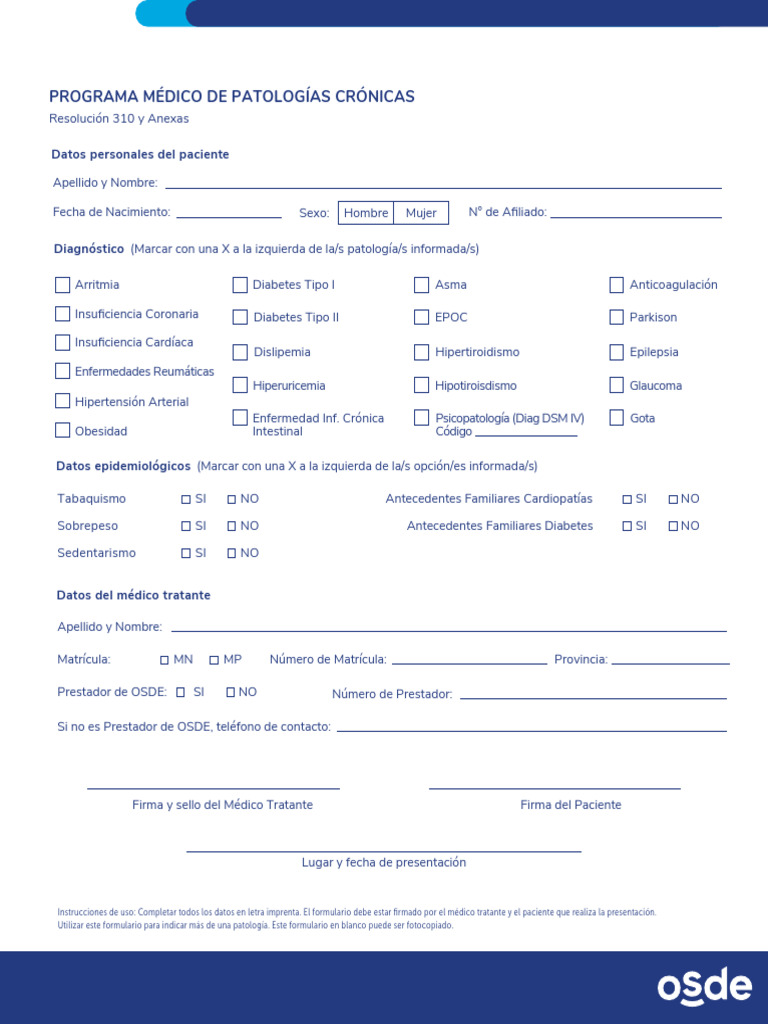 Formulario Res. 310 - Patologías Crónicas | PDF | Condicion cronica ...