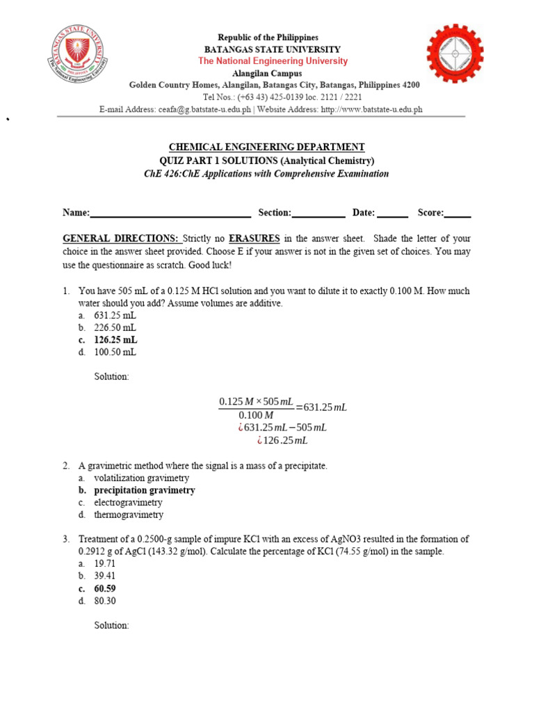 Quiz Part 1 SOLUTIONS - Analytical Chemistry | PDF