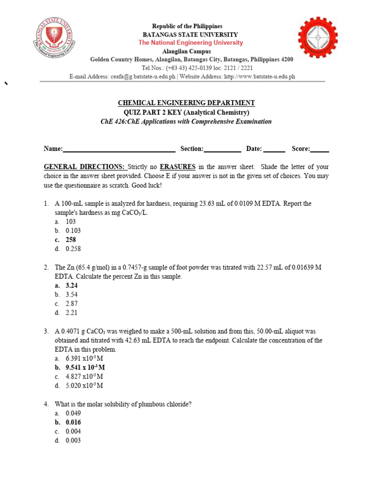 Quiz Part 2 Key Analytical Chemistry Pdf Titration Chemistry