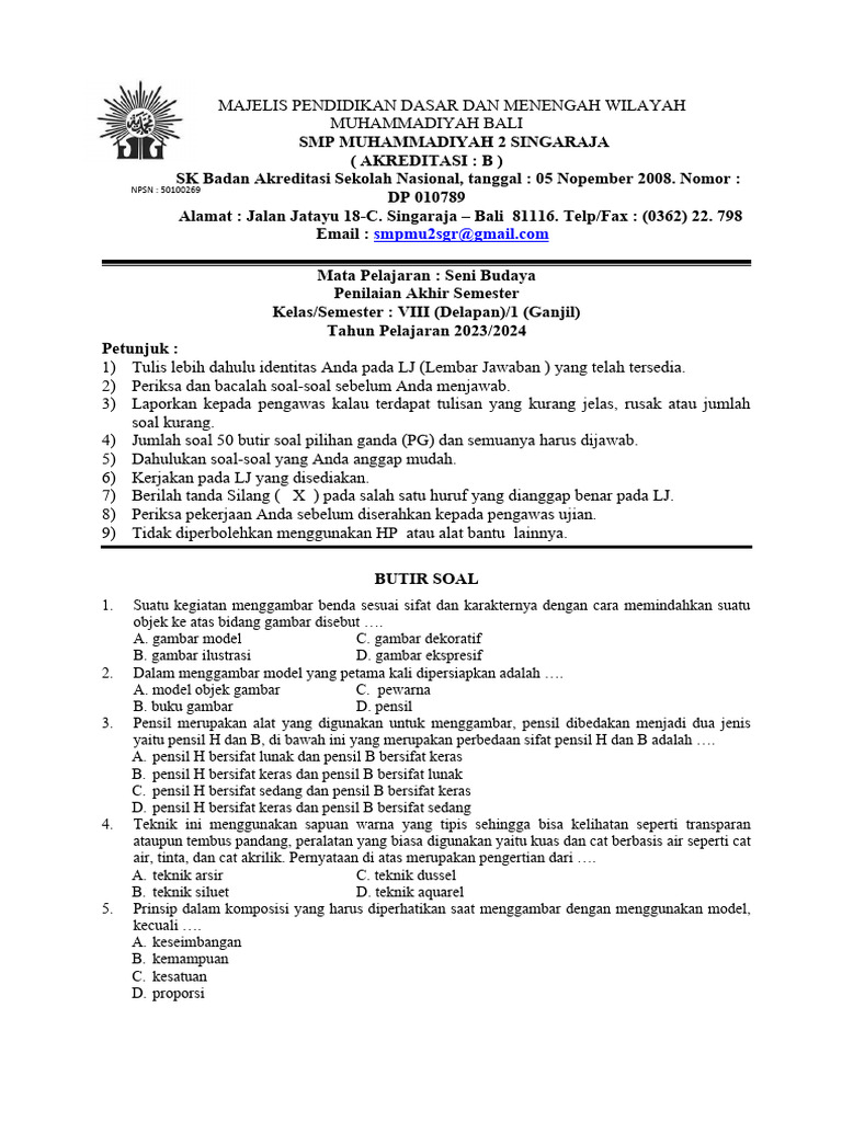 Soal Pas Seni Budaya Kelas 8 Smpmu Ganjil 2324 | PDF