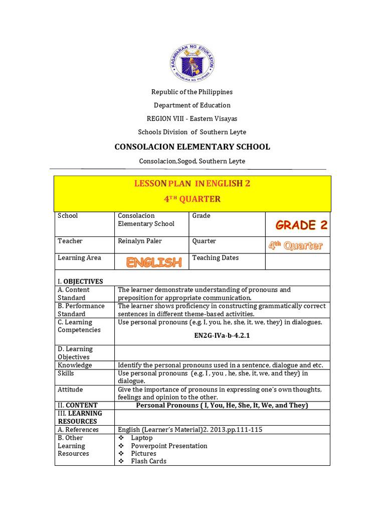 Grade 2 Pronoun Lesson Plan | PDF