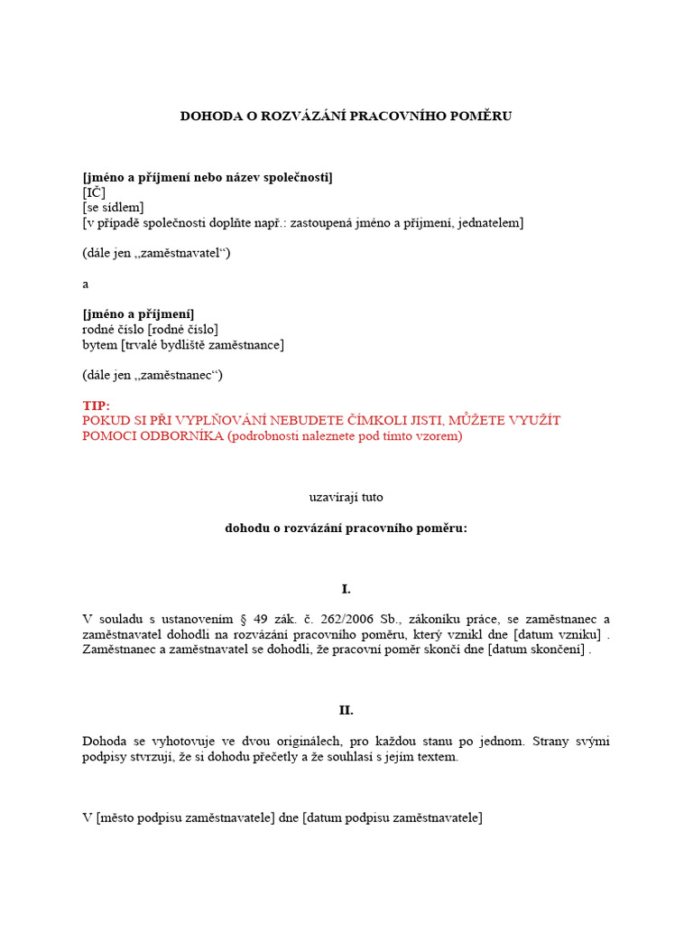 Dohoda o Rozvazani Pracovniho Pomeru | PDF