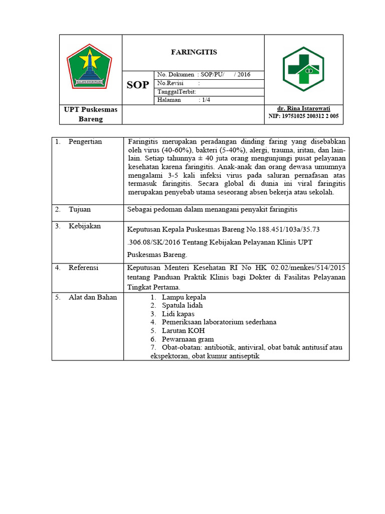 Panduan Penanganan Faringitis SOP | PDF