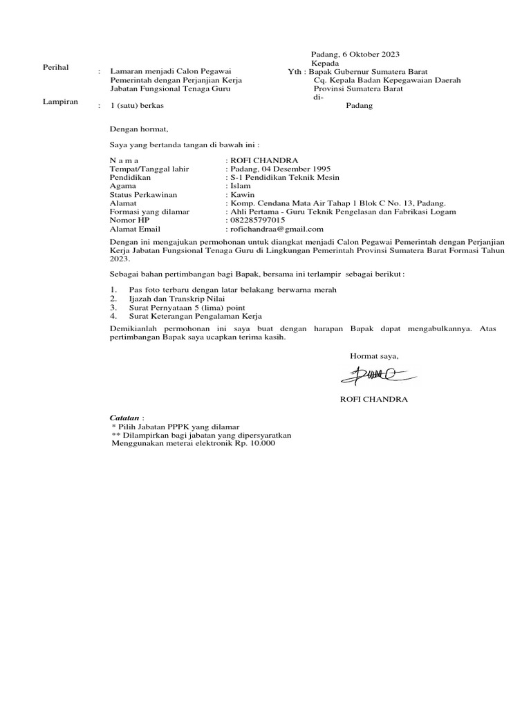 Surat Lamaran Dan Surat Pengalaman Kerja Rofi | PDF