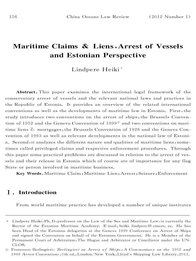Maritime Claims and Liens Arrest of Vess | PDF