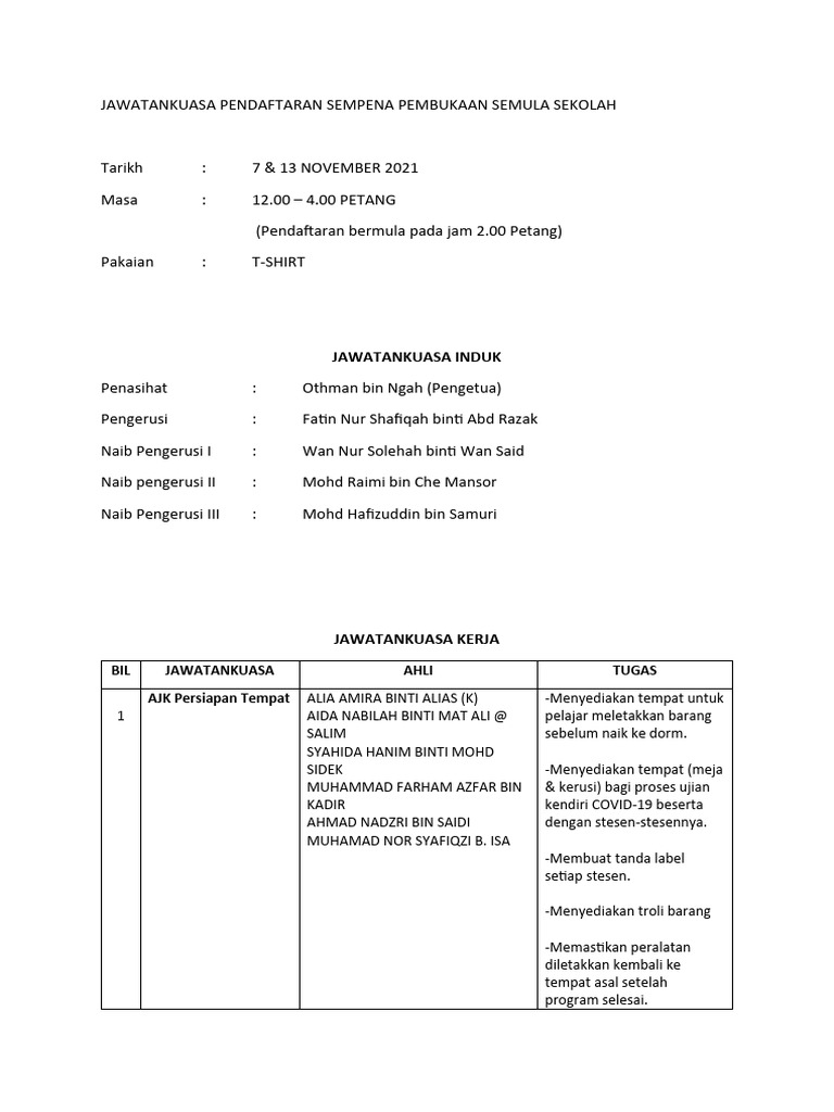 Jawatankuasa Pendaftaran Sempena Pembukaan Semula Sekolah | PDF