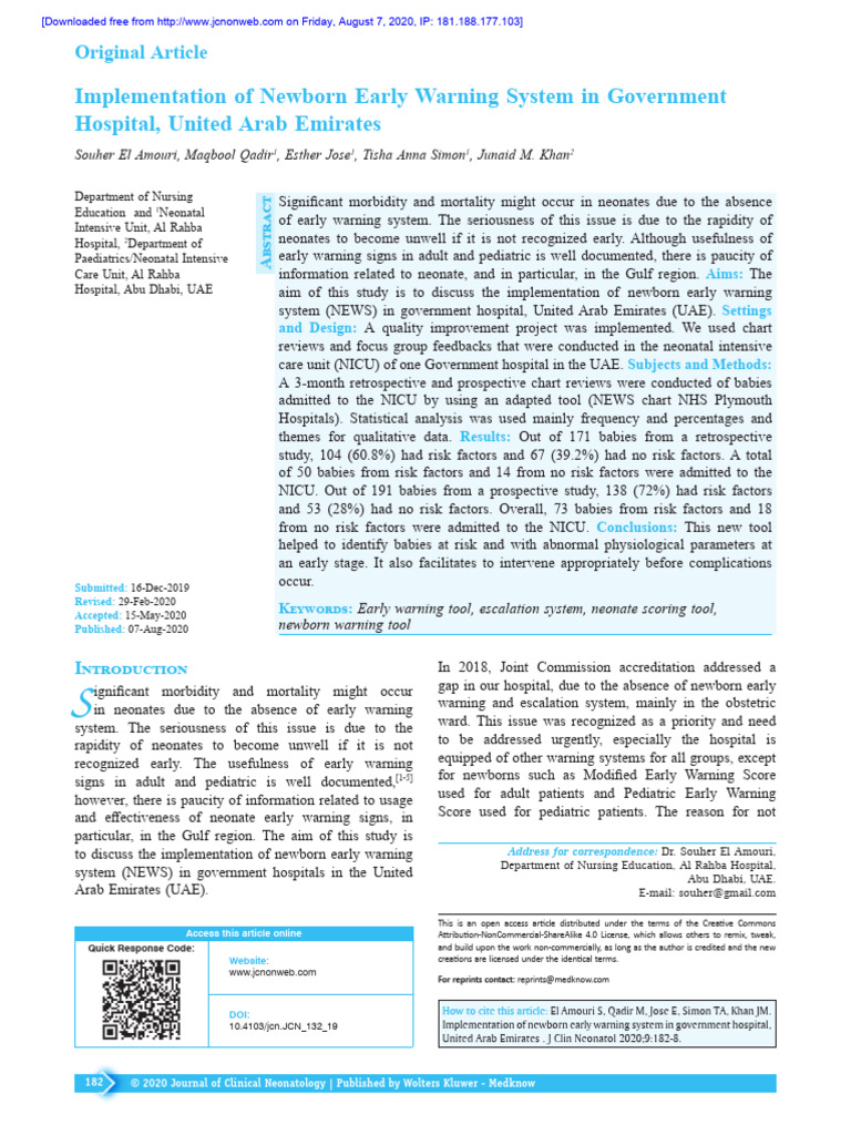 Implementation of Newborn Early Warning System in | PDF