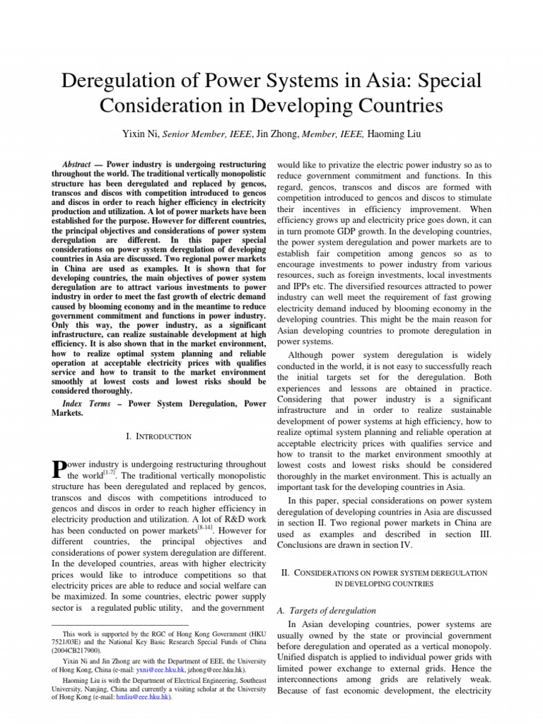 Deregulation of Power Systems in Asia: Special Consideration in ...