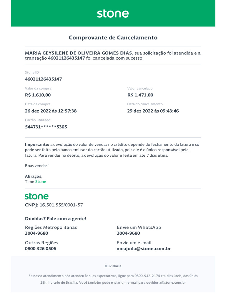 Comprovante de Cancelamento - 46021126435147 | PDF