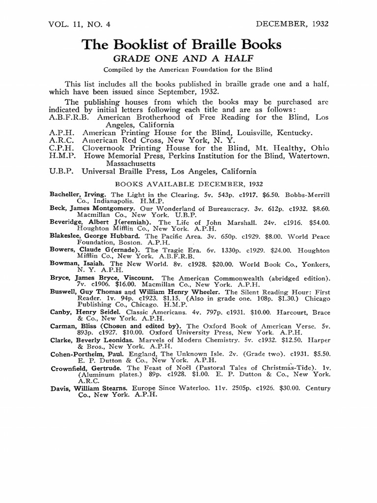 1932 The Booklist of Braille Books Grade One and A Half | PDF