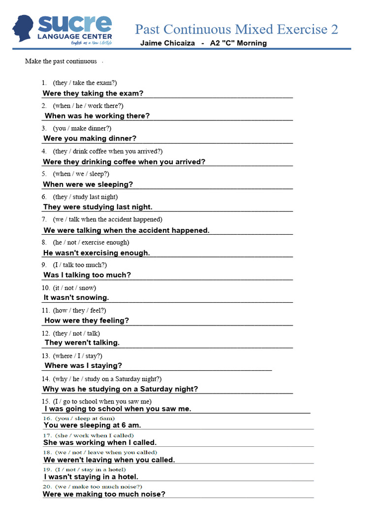 Past Continuous Mixed Exercises A2 | PDF