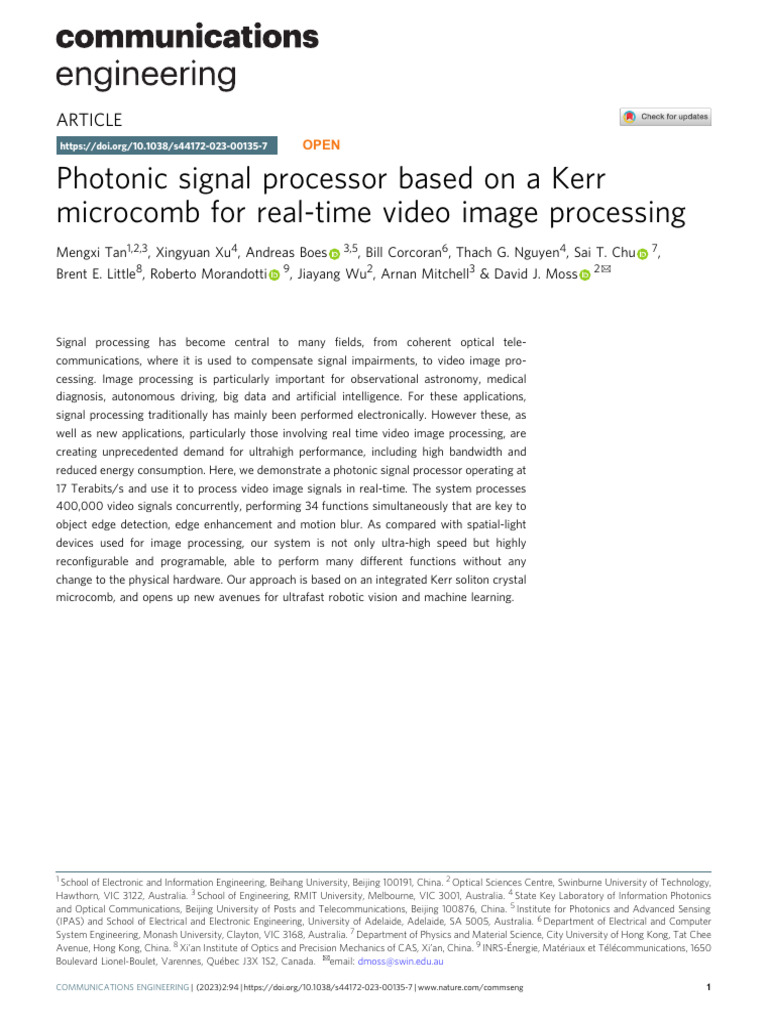 Photonic Signal Processor Based On A Kerr Microcomb For Real-Time Video Image Processing (s44172 ...