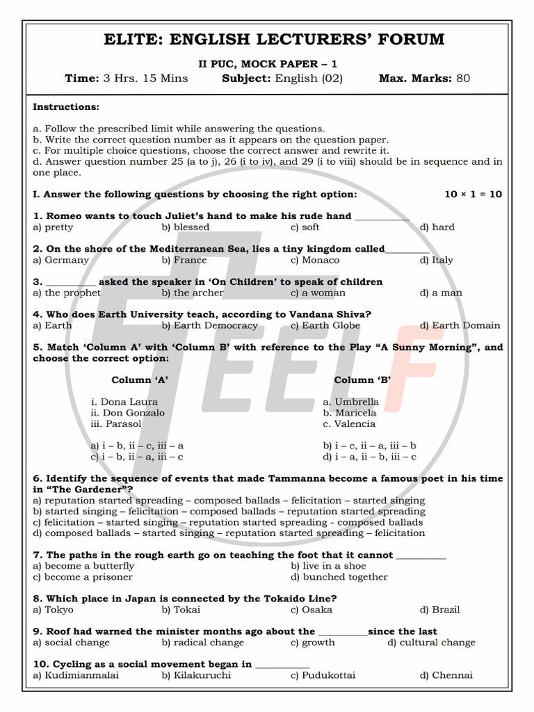 II PUC English Mock Paper - 2023 | PDF | Foreign Language Studies