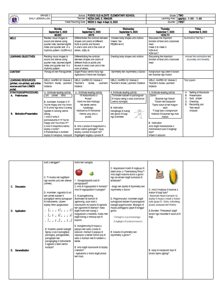 Grade 2 Mapeh q1 w2 - Copy DLL | PDF | Symmetry | Artistic Techniques
