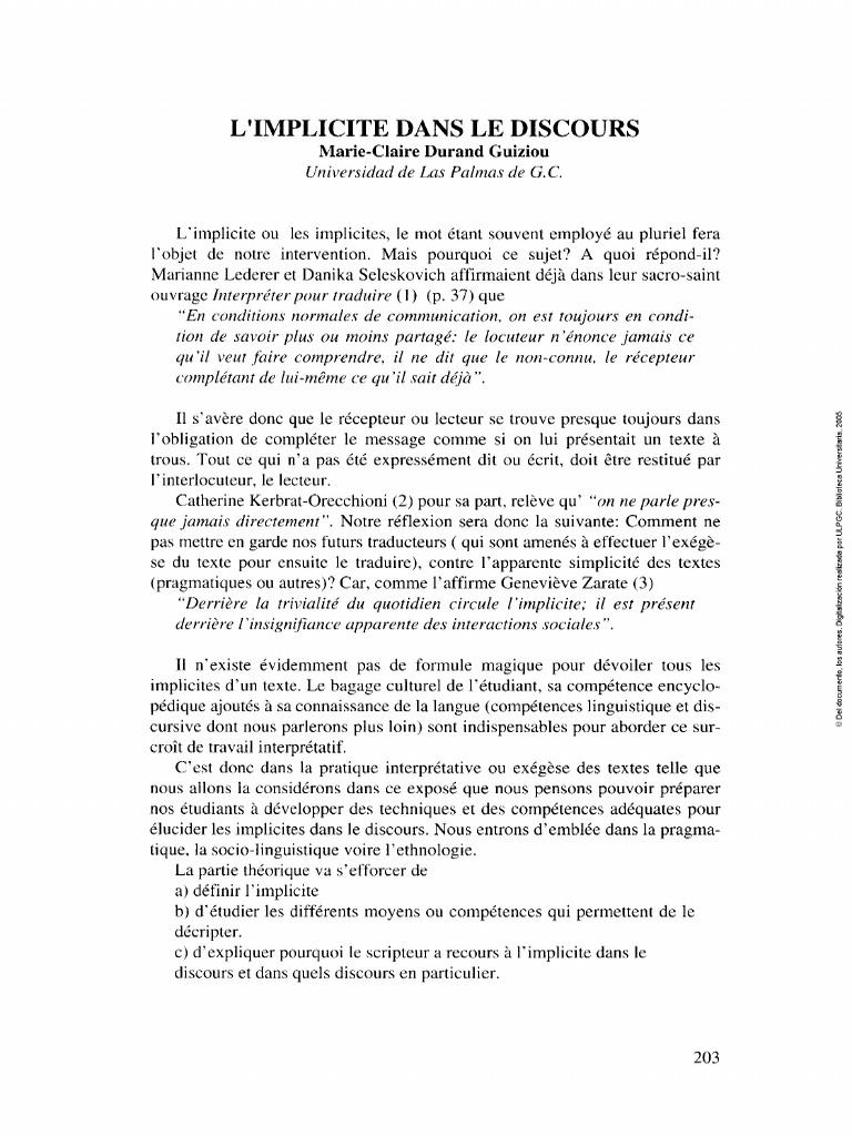 (A) Durand Guiziou, Marie-Claire - L'implicite Dans Le Discours 1992 | PDF