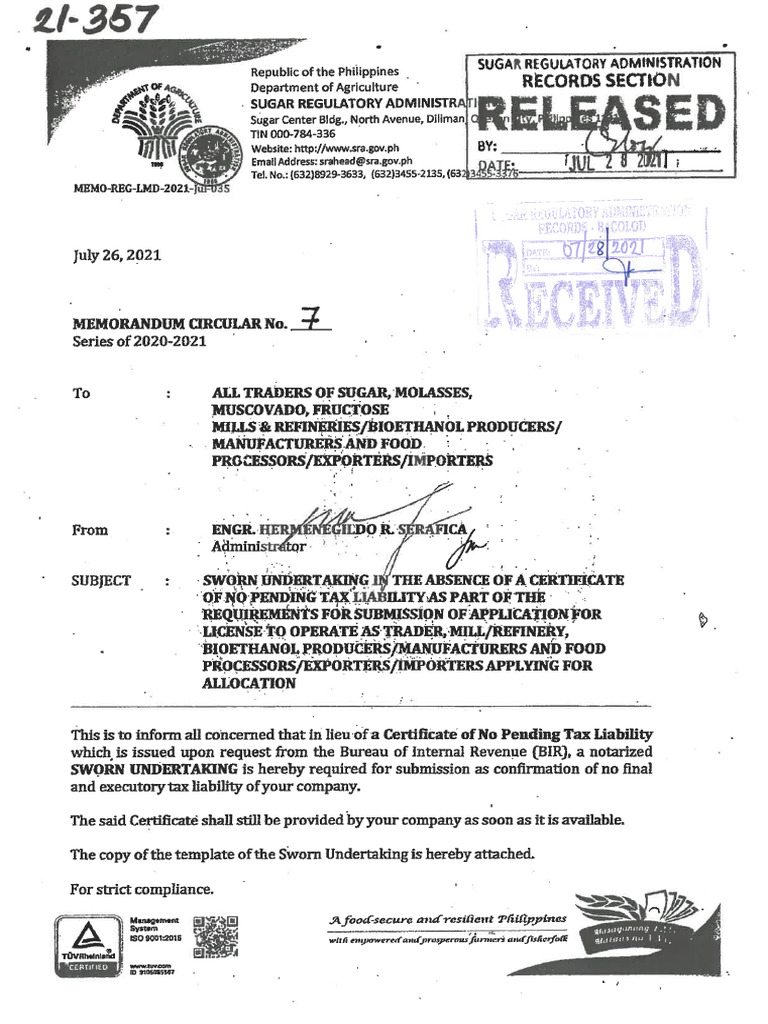 SRA Memo Circular No. 7 (Series of 2020-2021) | PDF