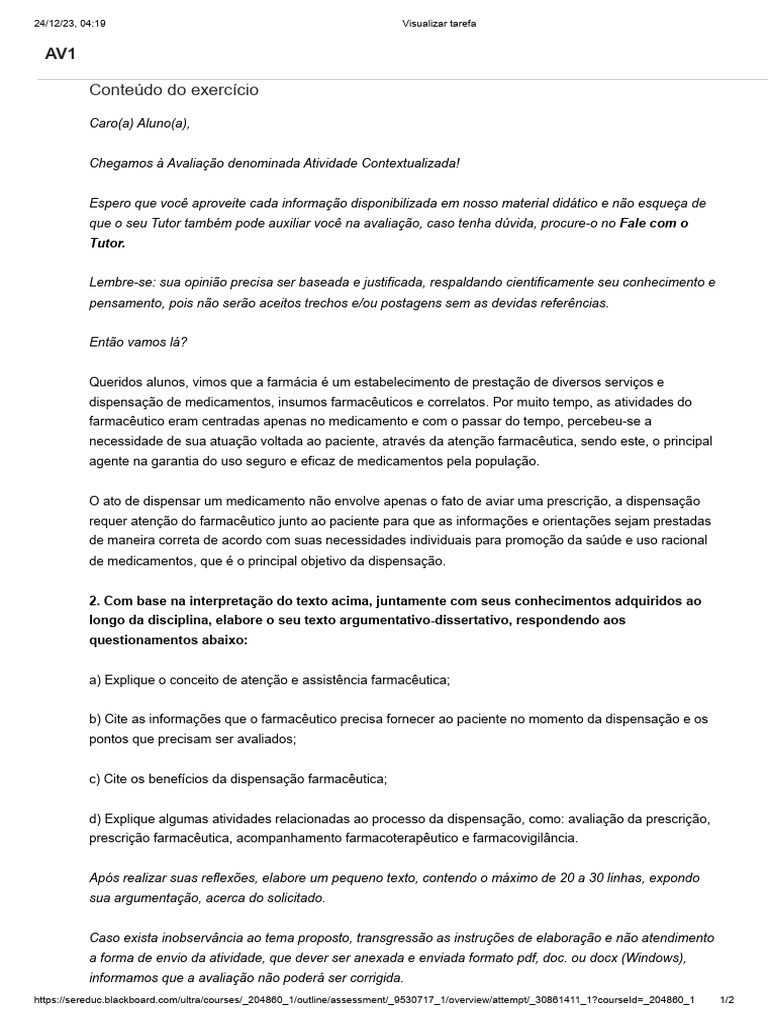 AV1 Atividade Contextualizada Farmacia Profissão e Carreira | PDF ...
