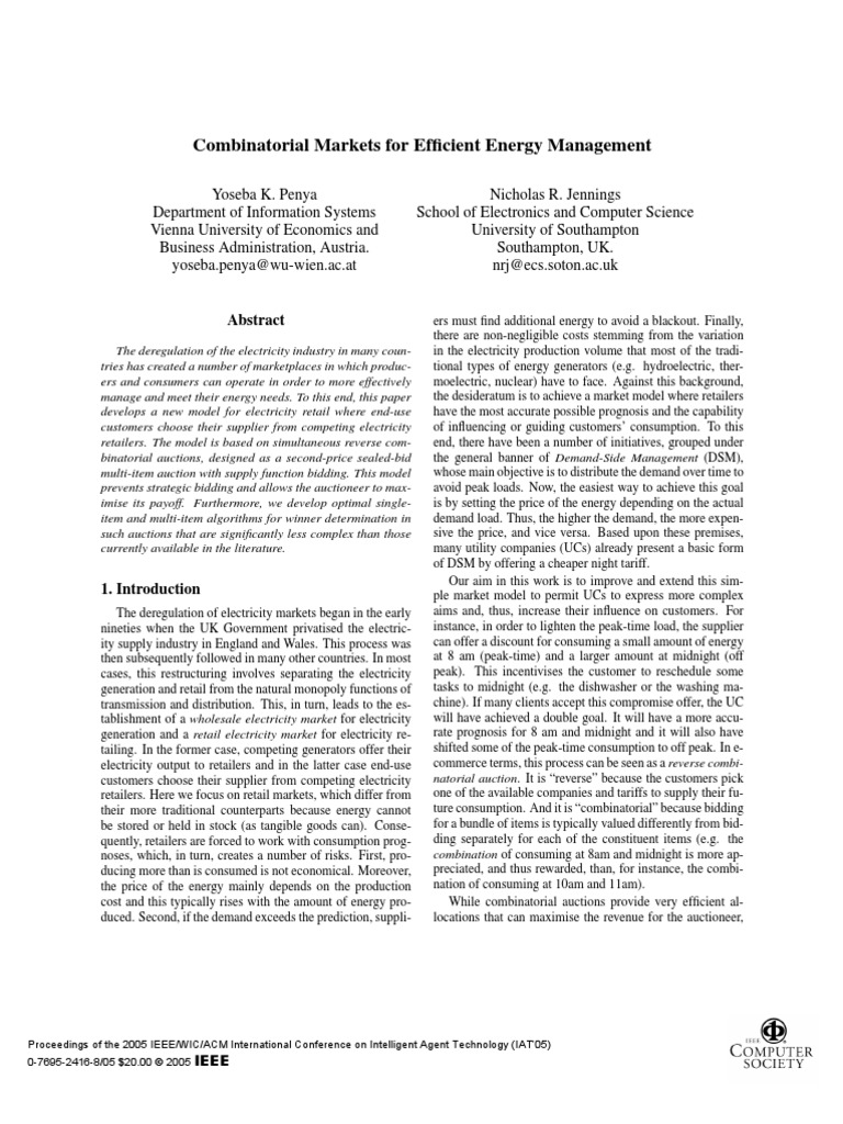 Combinatorial Markets For Efficient Energy Management | PDF | Auction | Computational Complexity ...