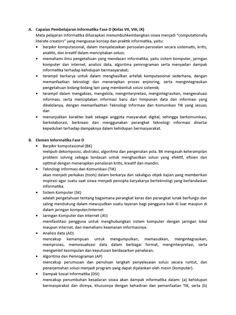 Capaian Pembelajaran Informatika Kelas VII-IX | PDF | Seni | Komputer