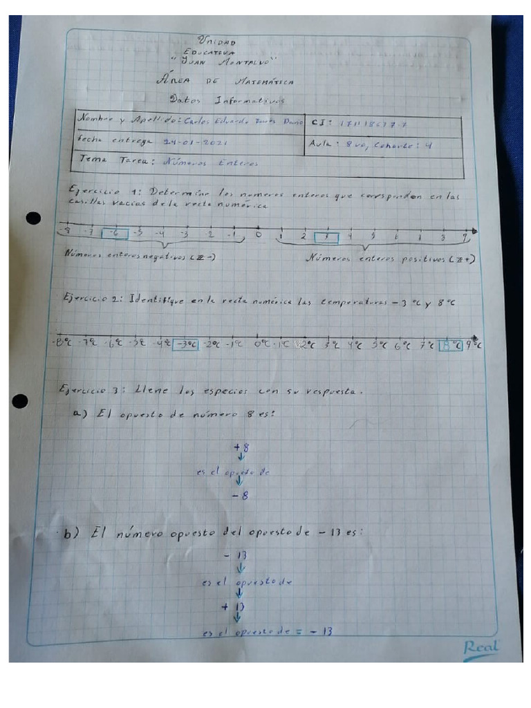 Deber de Números Enteros Matematica | PDF