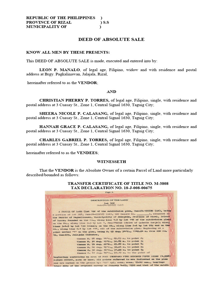 Deed of Absolute Sale: ₱1,367,400 Transaction | PDF | Property Law ...