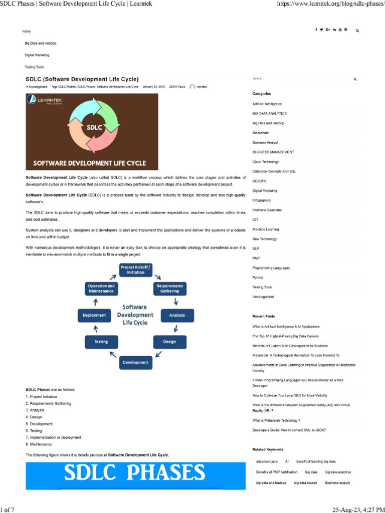 SDLC Phases - Software Development Life Cycle - Learntek | PDF