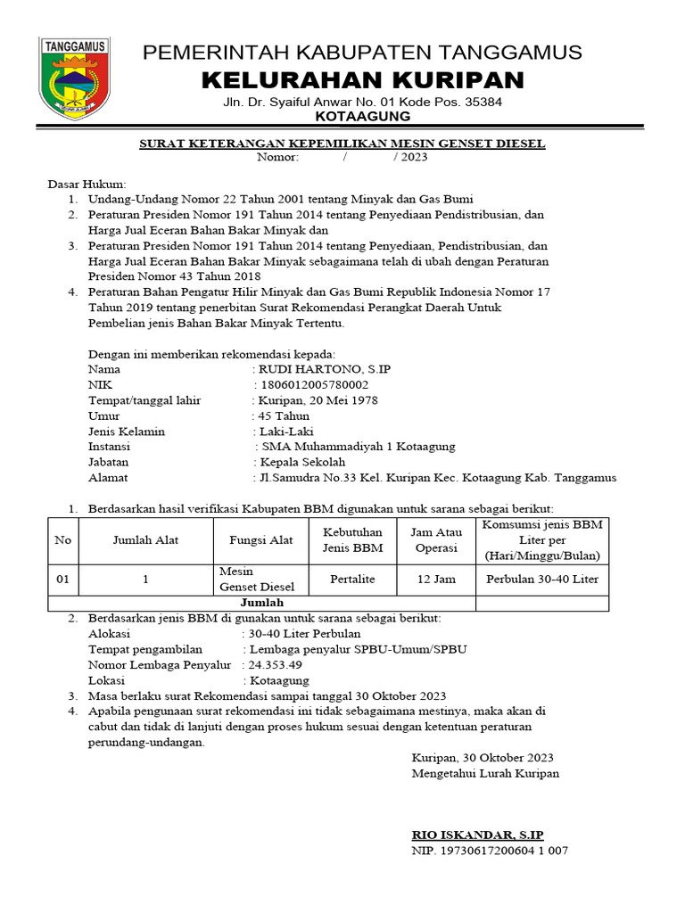 Surat Keterangan BBM | PDF