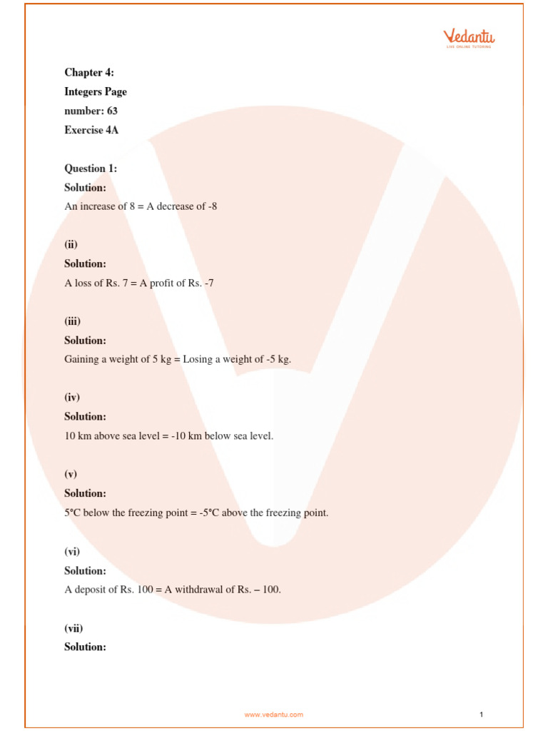 Class 6 Integers Exercises Solutions | PDF