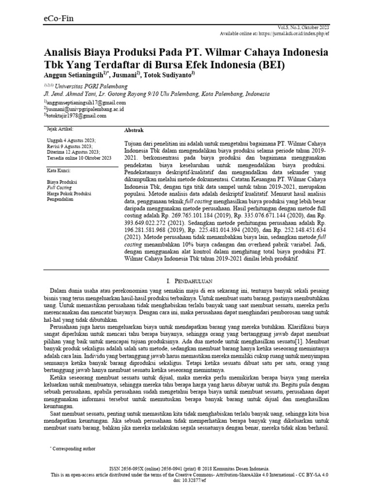 "Analisis Biaya Produksi PT Wilmar" | PDF