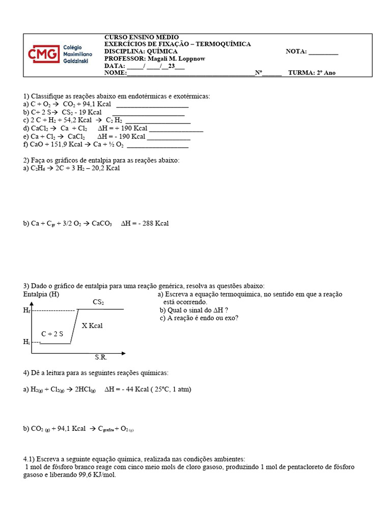 Exercícios de Termoquímica para Ensino Médio | PDF | Ciências e Matemática | Tecnologia e Engenharia