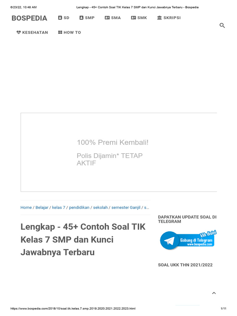 Lengkap - 45+ Contoh Soal TIK Kelas 7 SMP Dan Kunci Jawabnya Terbaru - Bospedia | PDF