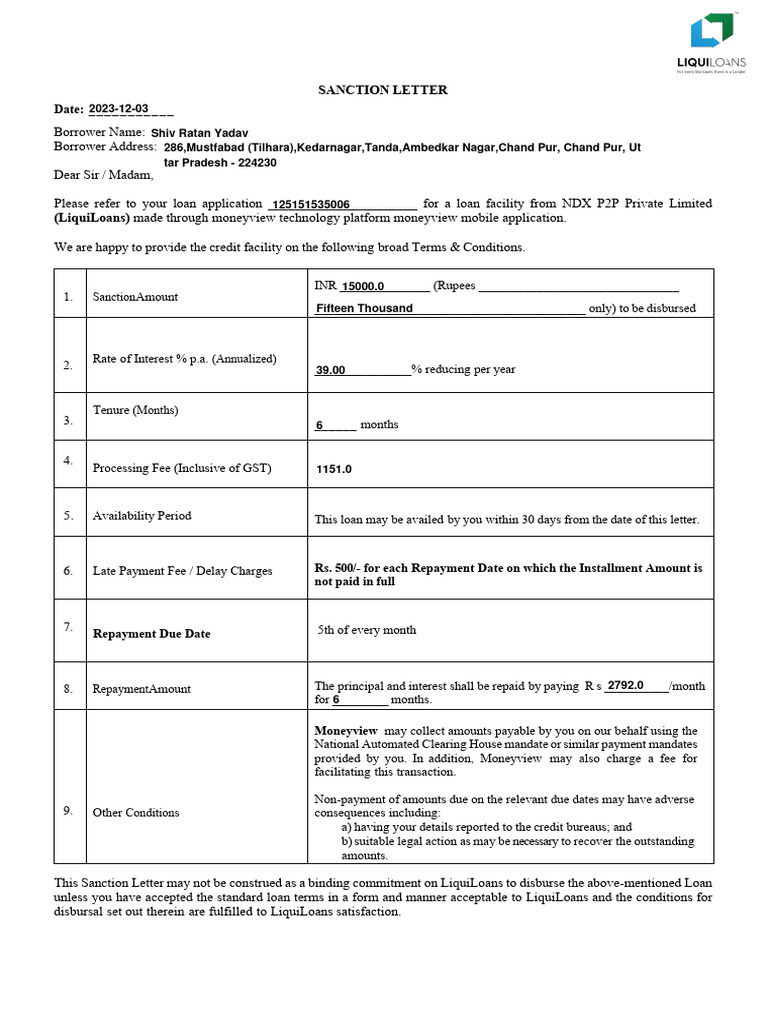 Loan Sanction Letter from NDX P2P | PDF