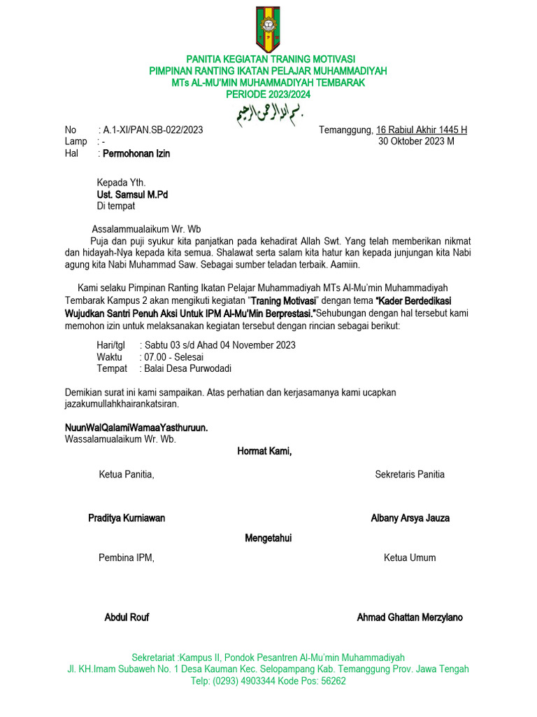 Izin Traning Motivasi IPM Al-Mu’min | PDF