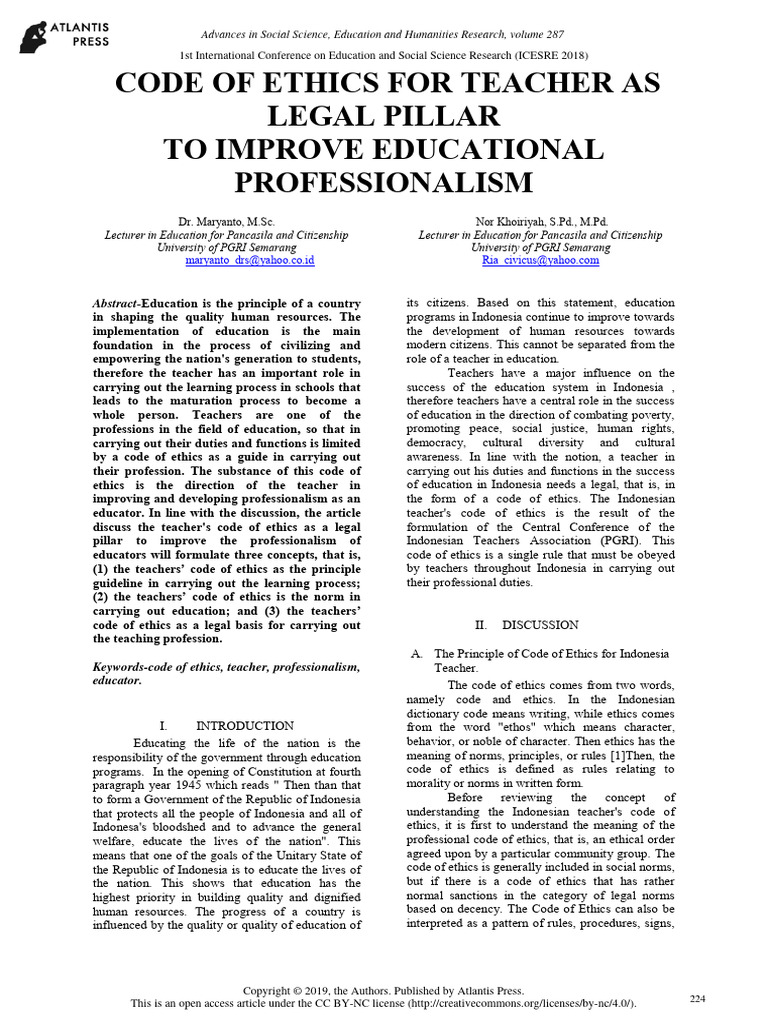 Code of Ethics For Teacher As Legal Pillar To Improve Educational Professionalism | PDF ...