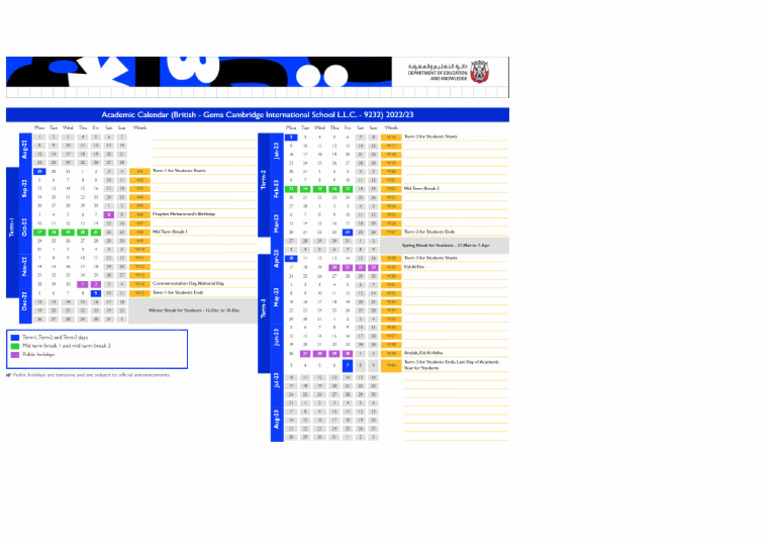Academic Calendar British Gems Cambridge International School LLC 9232 ...