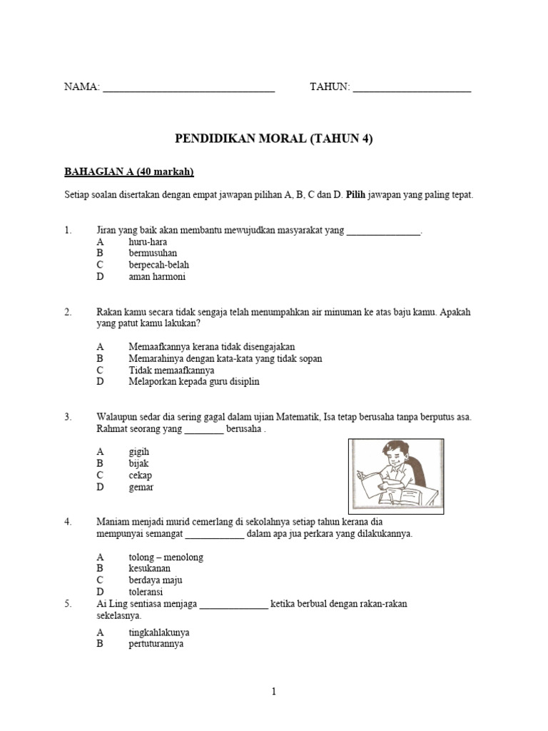 Soalan Pendidikan Moral Tahun 4 UASA 2022 2023 | PDF