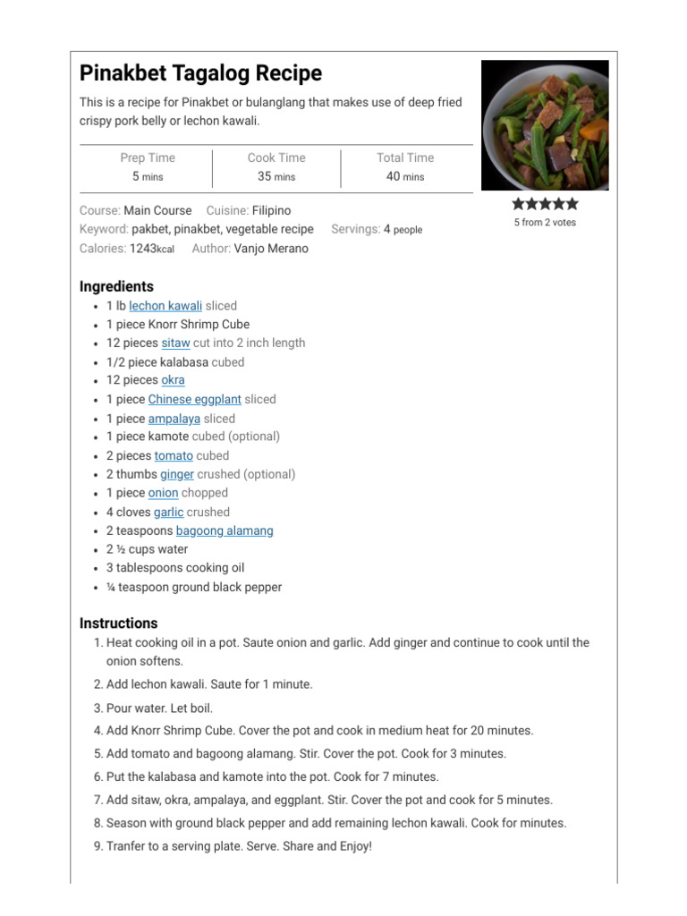 Pinakbet Tagalog Recipe - Panlasang Pinoy | PDF