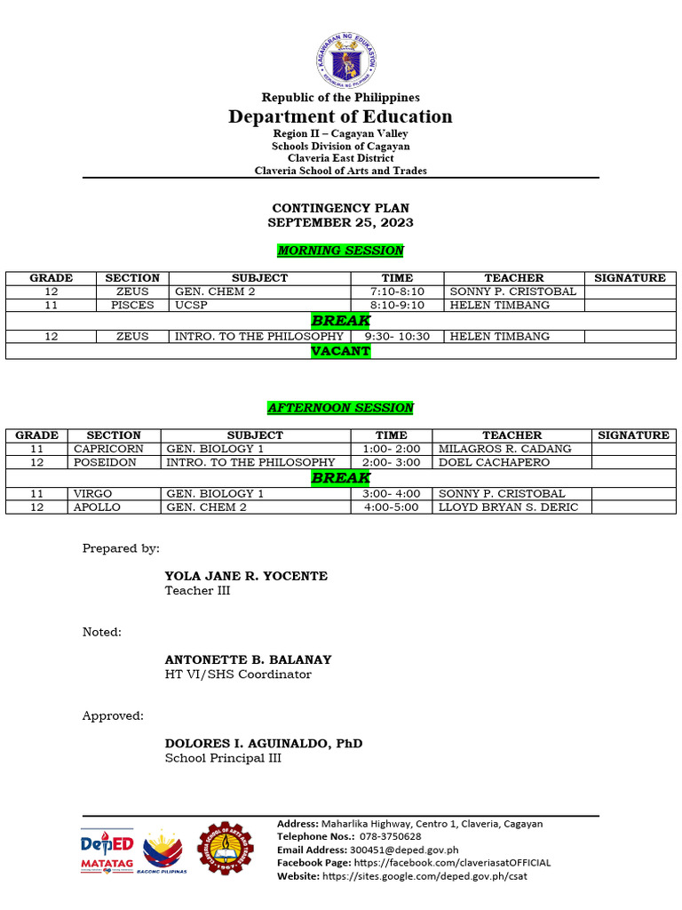 Contingency Plan 2023 2024 | PDF