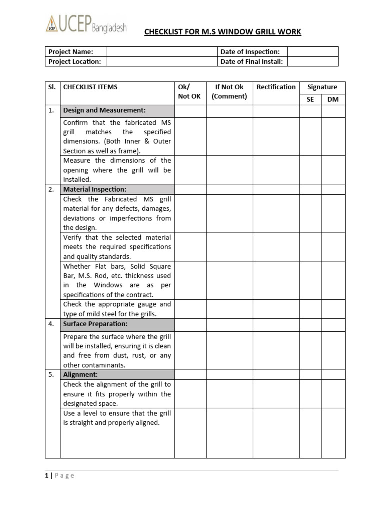 Checklist For Window M.S Grill | PDF