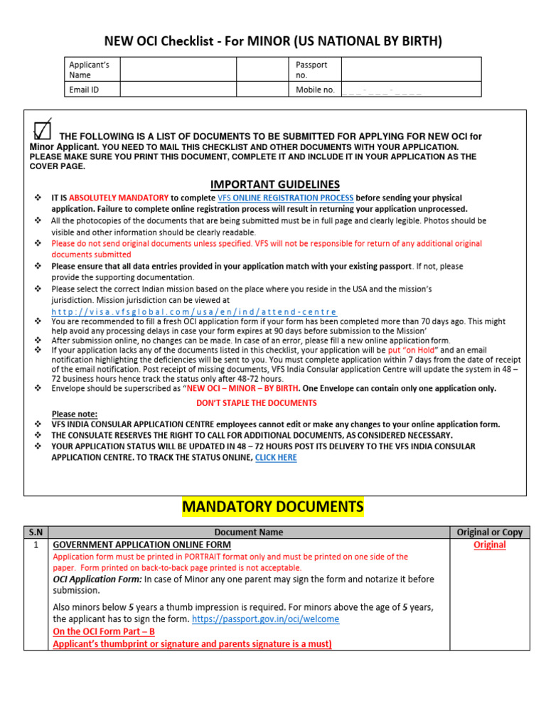 New OCI Checklist for US-Born Minors | PDF