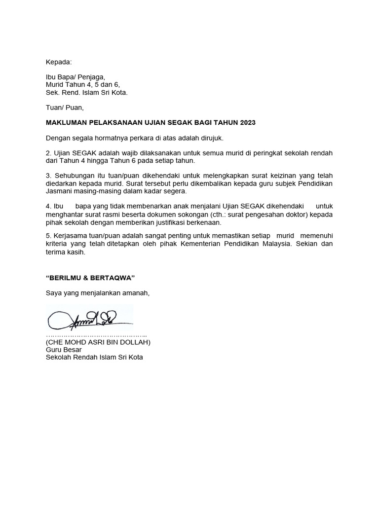 Surat Makluman SEGAK | PDF