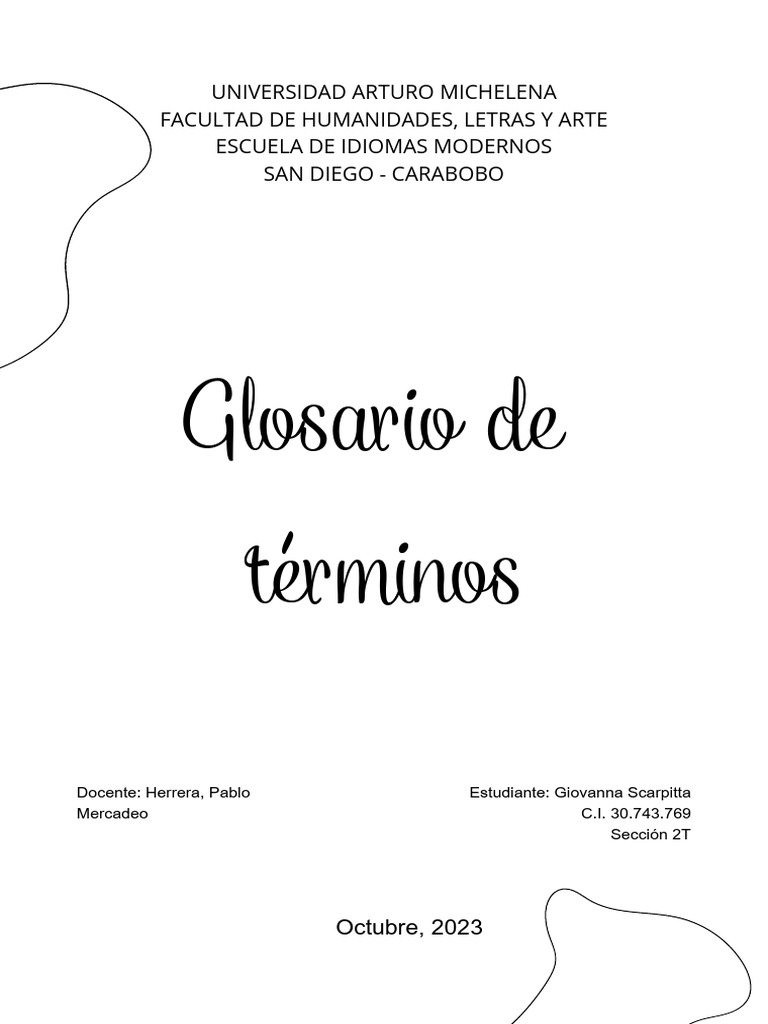 Documento A4 Carátula Portada de Glosario Ingles Colorido Blanco Rojo ...