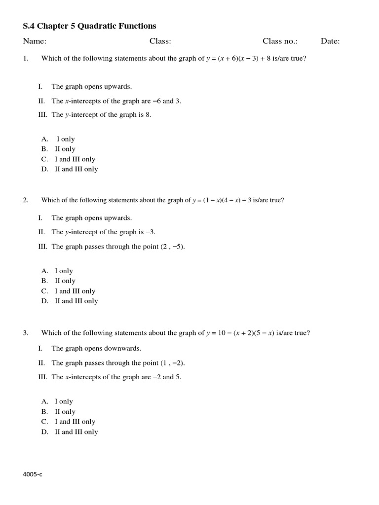 2023 Chapter 5 Quadratic Functions Answer Revised | PDF | Mathematical ...