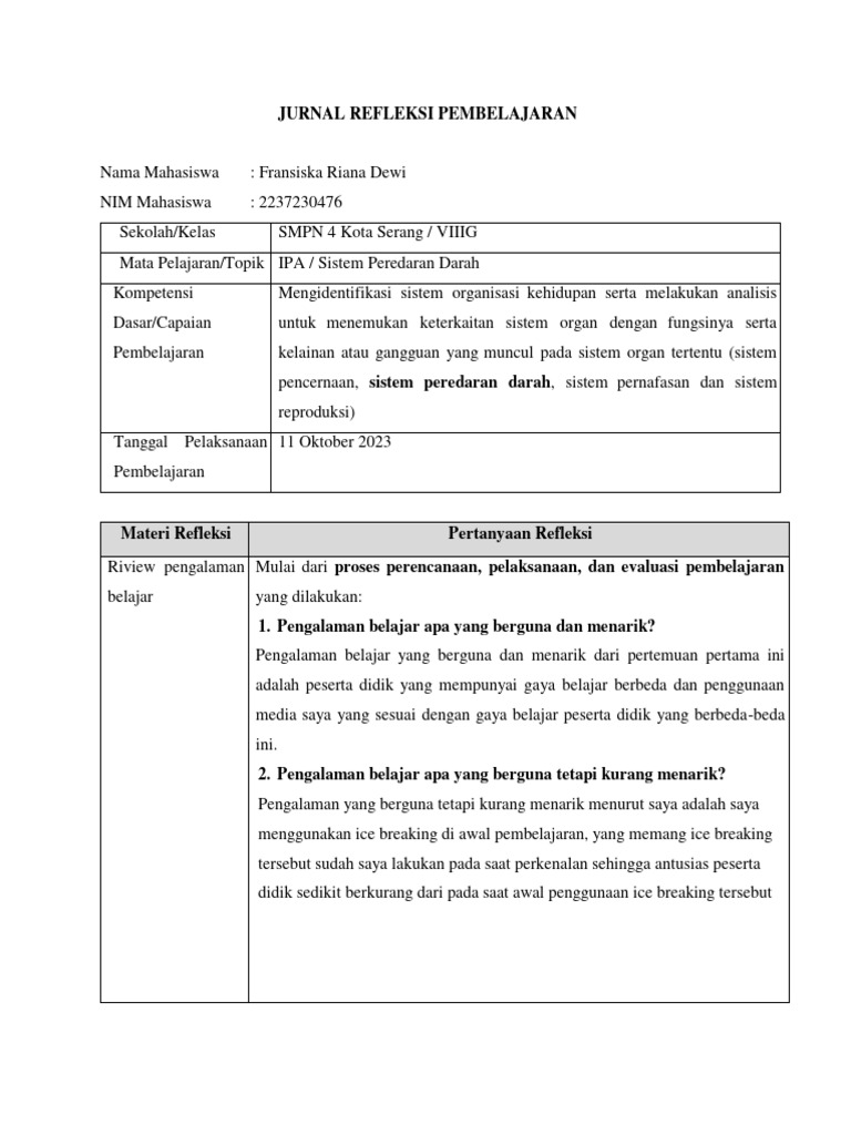 Fransiska Riana Dewi - LK-5 Contoh Jurnal Refleksi Pembelajaran | PDF | Karier & Perkembangan